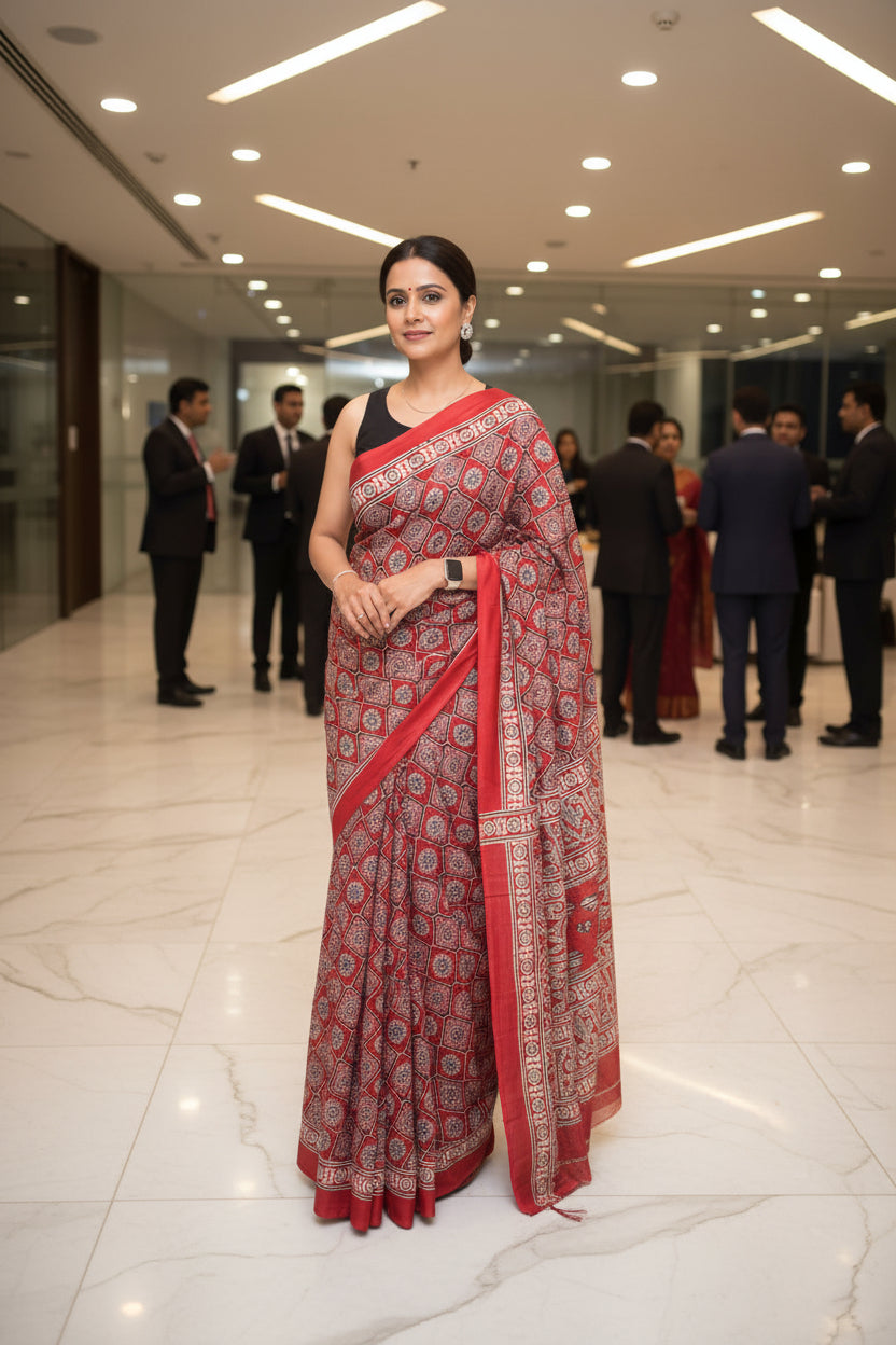 Modal Muslin Ajrakh Print Saree - Red – Serenitee Sarees