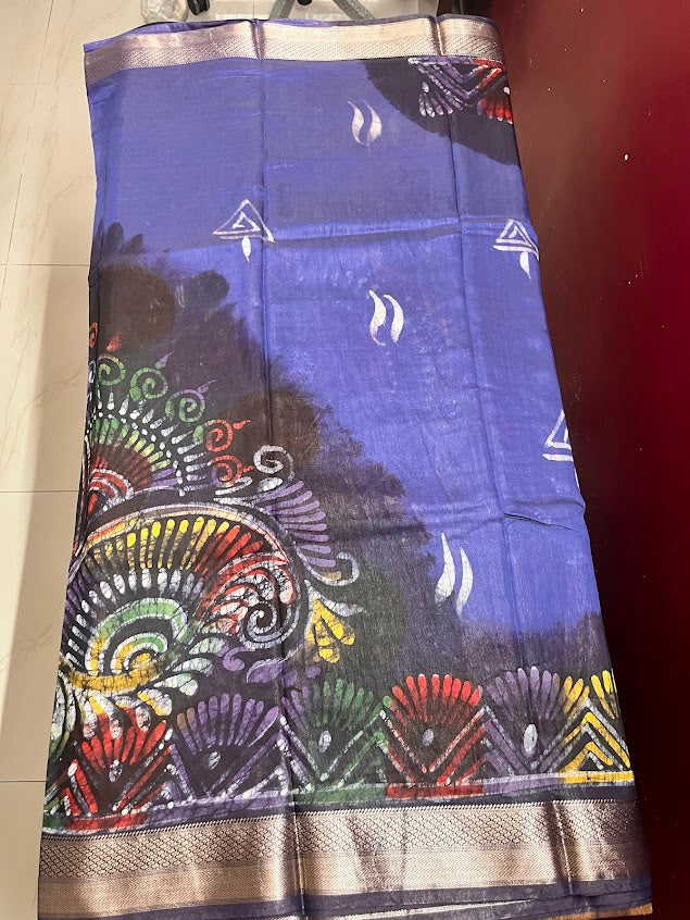 Maheshwari Batik Hand Print Saree - Blue – Serenitee Sarees